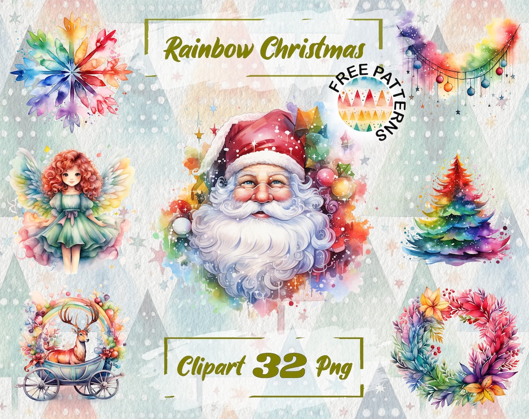 Rainbow Christmas Clipart Watercolor Christmas PNG Rainbow Christmas ...