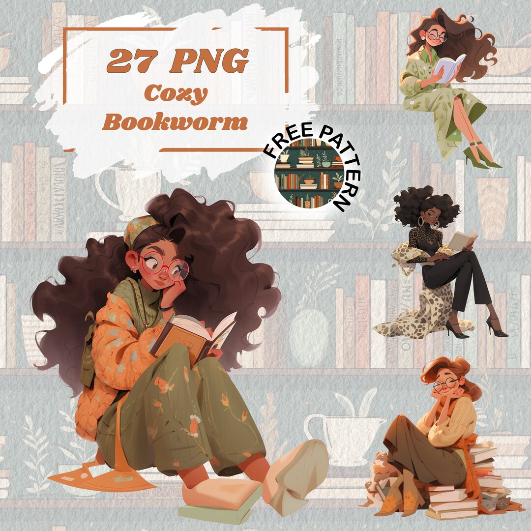 Cozy Bookworm Clipart, Reading Girl PNG, Cozy Planner Images ...