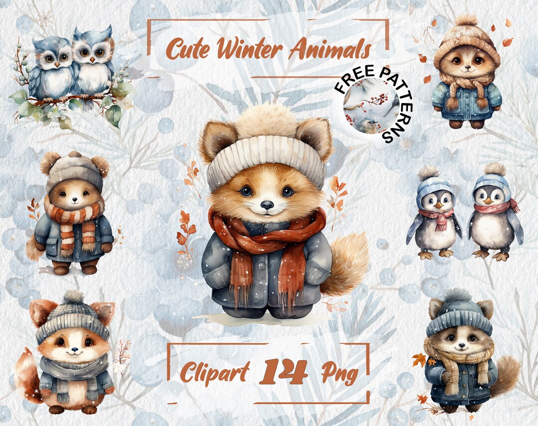 Winter Cute Animals Clipart, Watercolor Woodland Winter, Transparent ...