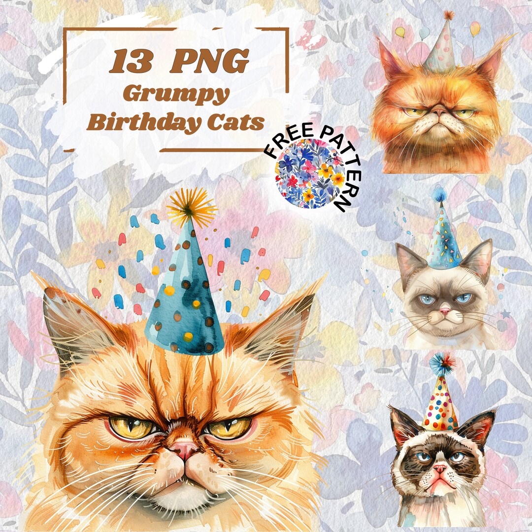 Grumpy Birthday Cats Clipart PNG Funny Cat Birthday Images, Transparent ...