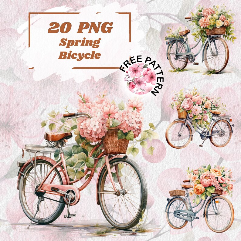 Watercolor Bicycle Clipart | Bike With Flowers | Flower Basket Bicycle ...