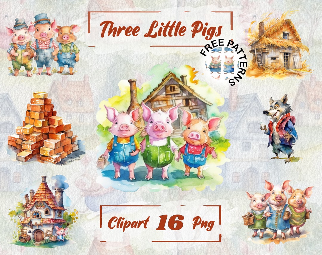 Three Little Pigs Clipart, Watercolor Fairy Tale, Fairy Tale Clipart ...