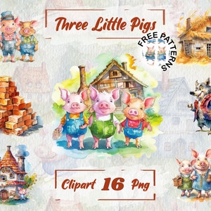 Three Little Pigs Clipart, Watercolor Fairy Tale, Fairy Tale Clipart ...