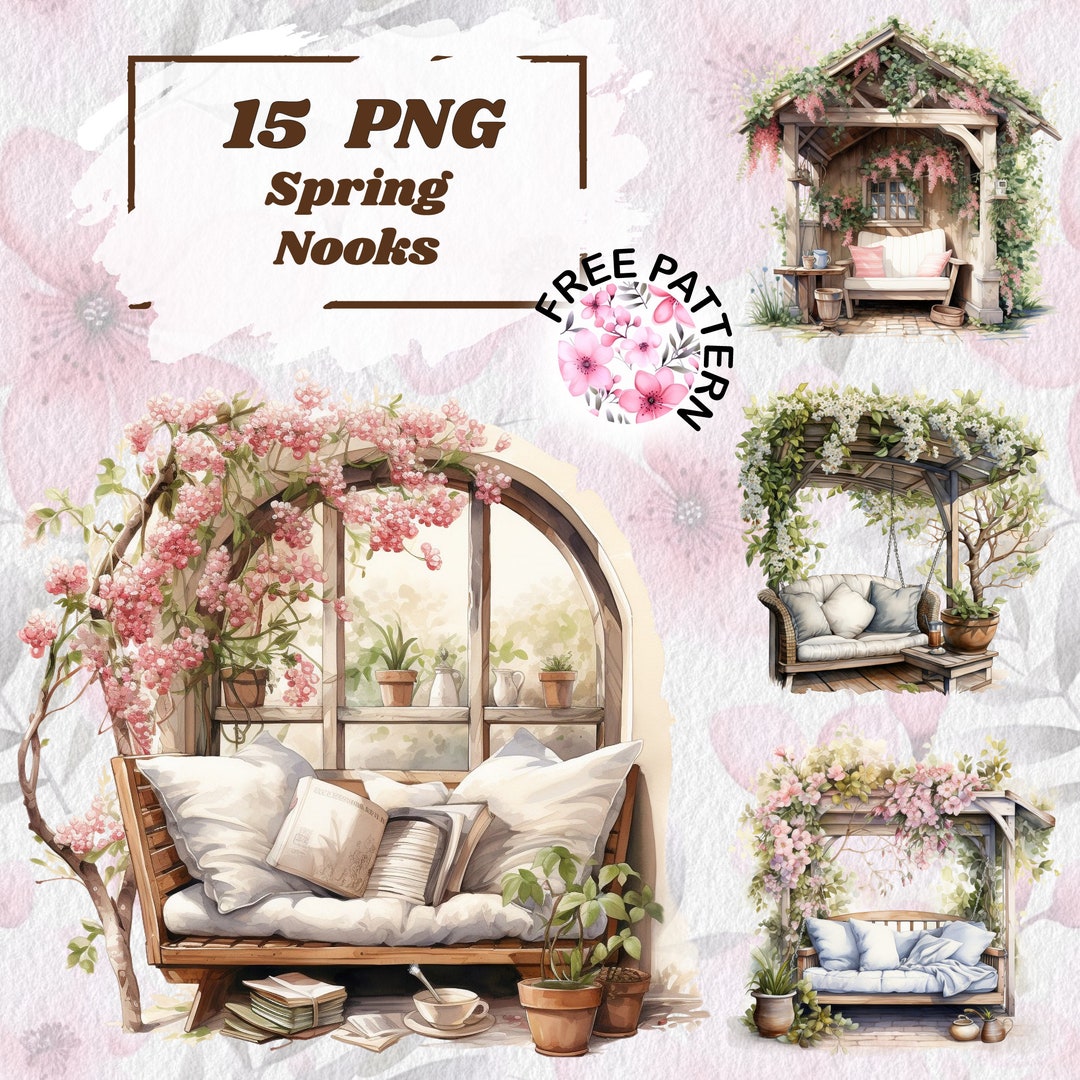 Watercolor Spring Romantic Room Clipart, Cozy Reading Nook, Interior ...