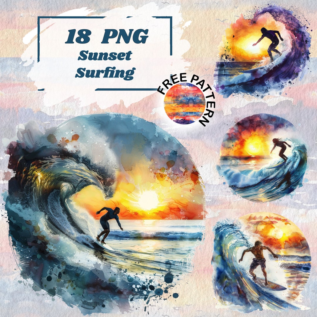 Watercolor Sunset Surfing Clipart Surfboard, Surfer, Palm Tree, Beach ...