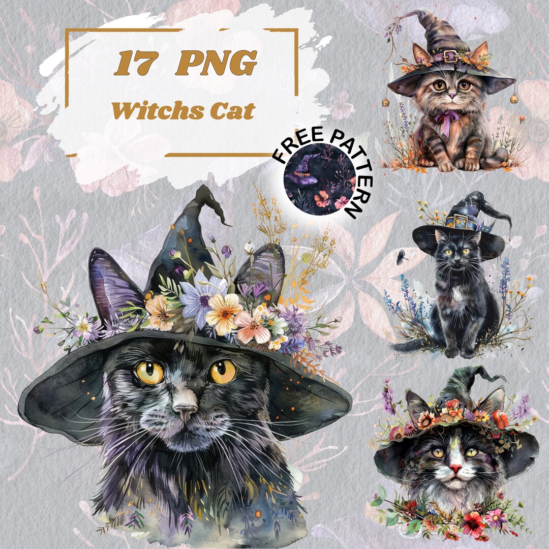 Witch Cat Clipart, Watercolor Cat PNG, Witchery Clipart Bundle ...