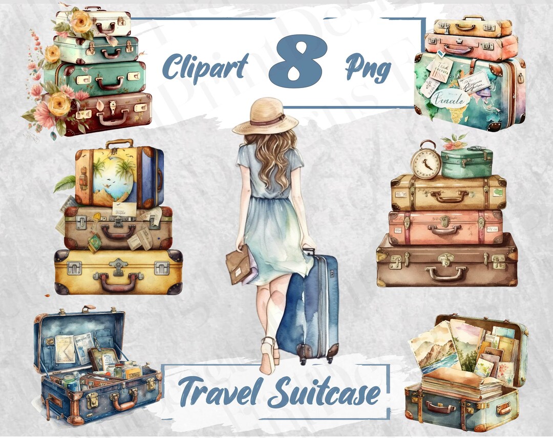 Travel Suitcase PNG Clipart Watercolor Suitcase Set Traveling Bundle ...