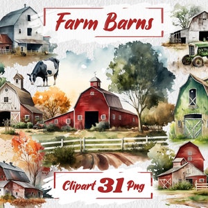Farmhouse Clipart Farm Barns Clipart PNG Bundle Watercolour Digital ...