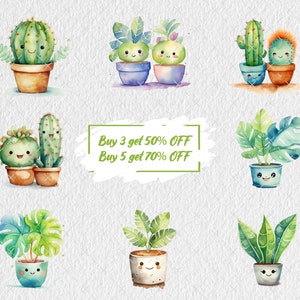 Watercolor Cute Plants Kawaii Plants Kawaii Clipart Watercolor Cute ...