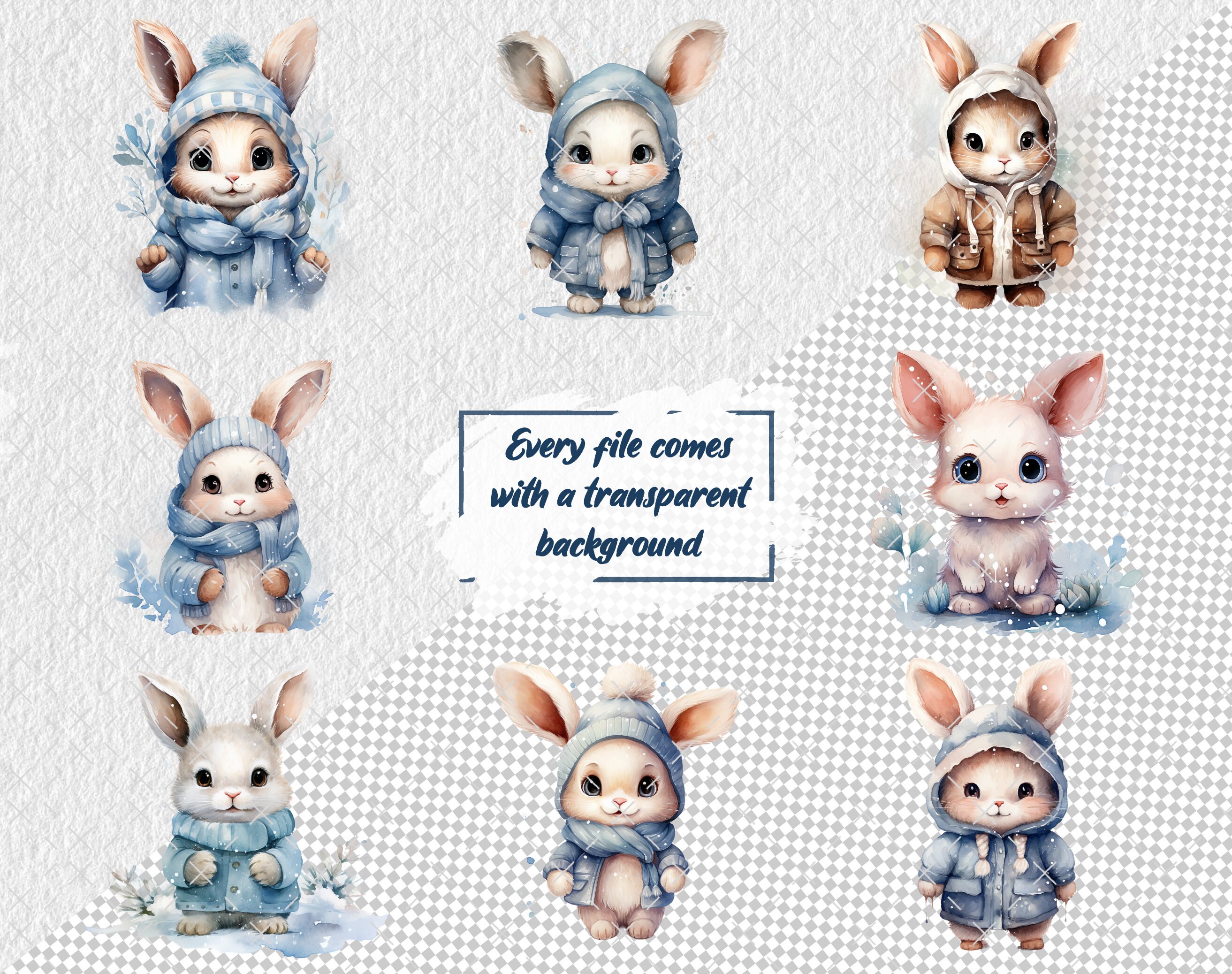 Snow Winter Bunny Clipart, Rabbit PNG Clipart, Winter Watercolor Bundle ...