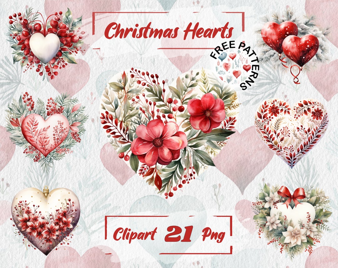 Christmas Hearts Clipart, Watercolor Christmas Hearts, Transparent ...