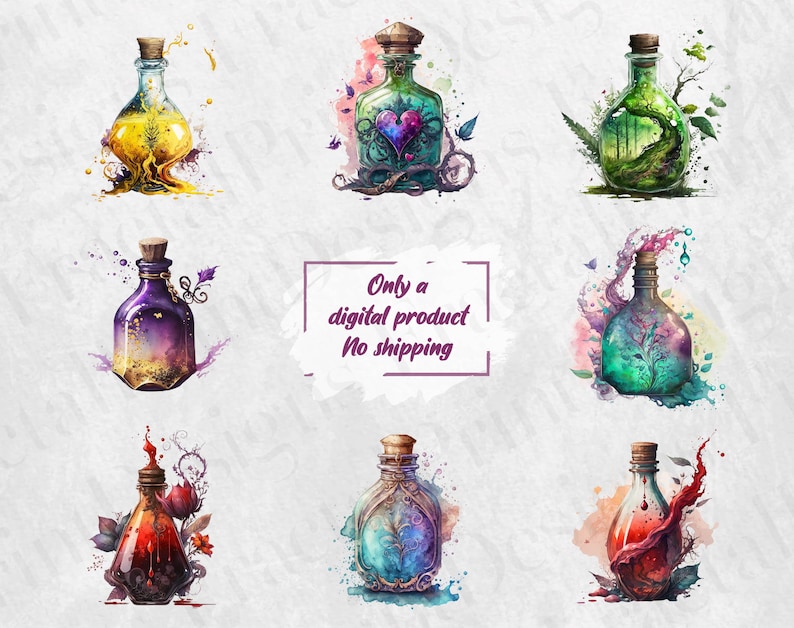 Witches Potion Bottles Watercolor Clipart Magical Mystical - Etsy