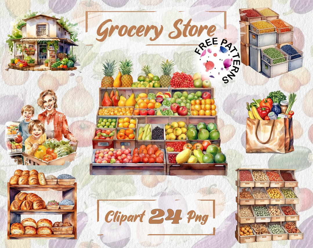 Watercolor Grocery Store Clipart Buying Food Clipart Groceries PNG ...