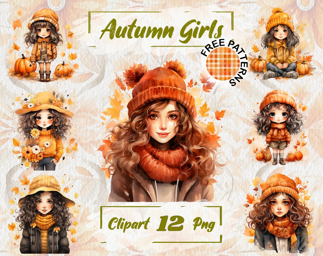 Watercolor Autumn Girls Fall Girls Clipart Kawaii Little Girl PNG ...