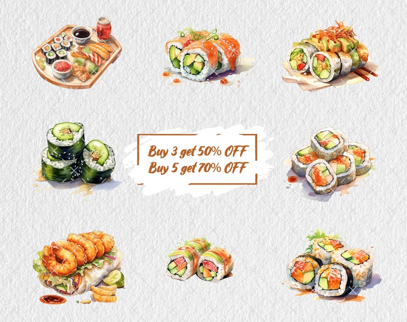 Watercolor Sushi Clipart Sushi PNG Japanese Food Clipart - Etsy
