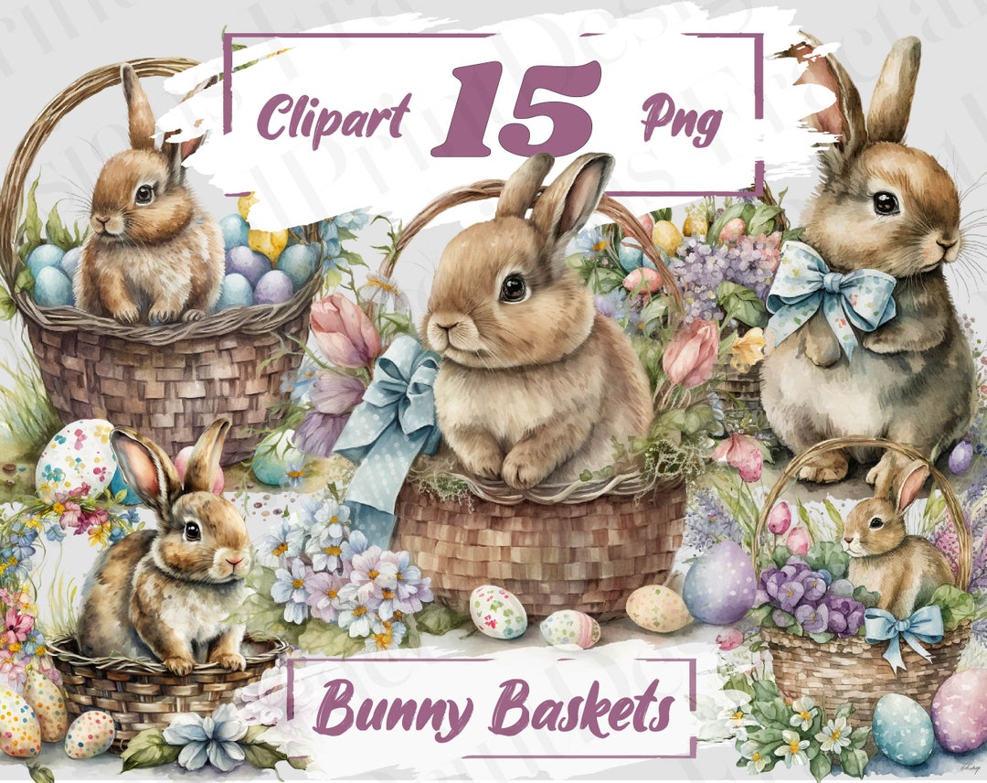 Easter Bunny Clipart Bundle, Spring Basket, Watercolor Basket Bunny ...