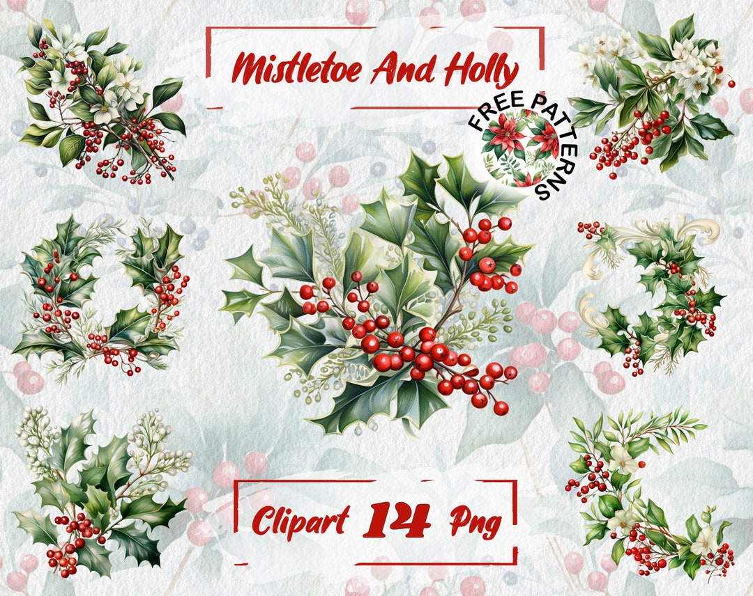 Misletoe Clipart, Holly and Berries Clipart Watercolor Christmas ...