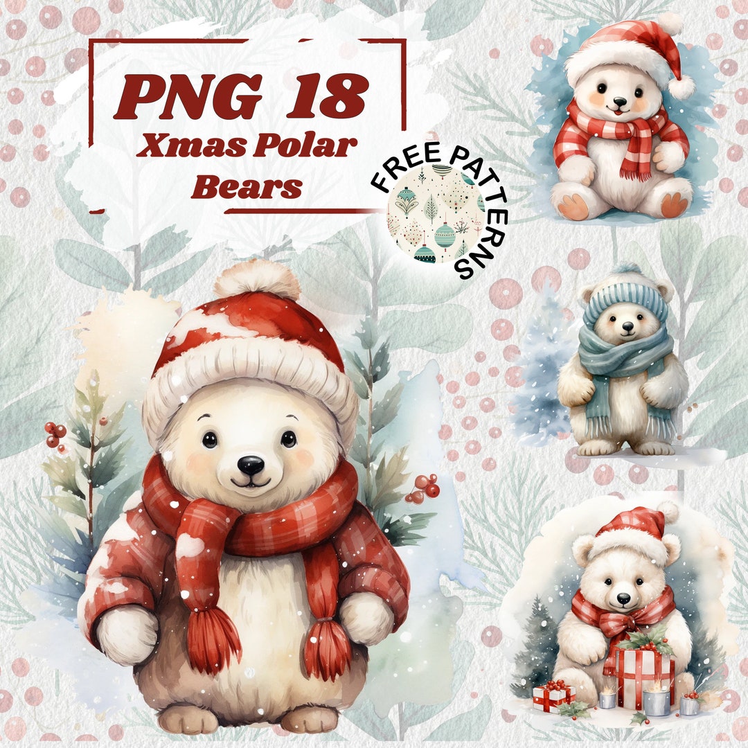 Christmas Polar Bear Clipart, Xmas Bear Bundle, Bear PNG, Sublimation ...