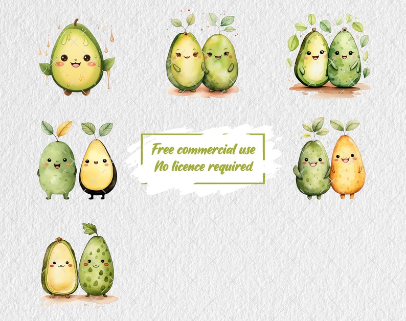Cute Avocado Clipart, Watercolor Avocado Graphics, Kawaii Clipart ...