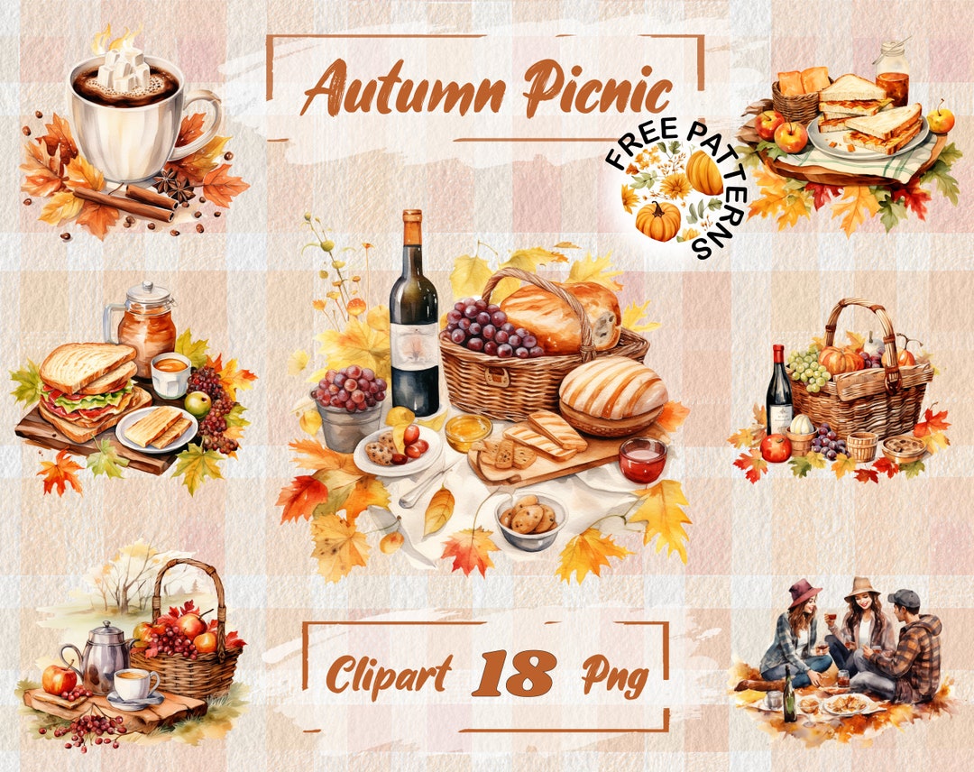 Watercolor Fall Picnic Clipart Autumn Clipart Autumn Leaves PNG Cozy ...