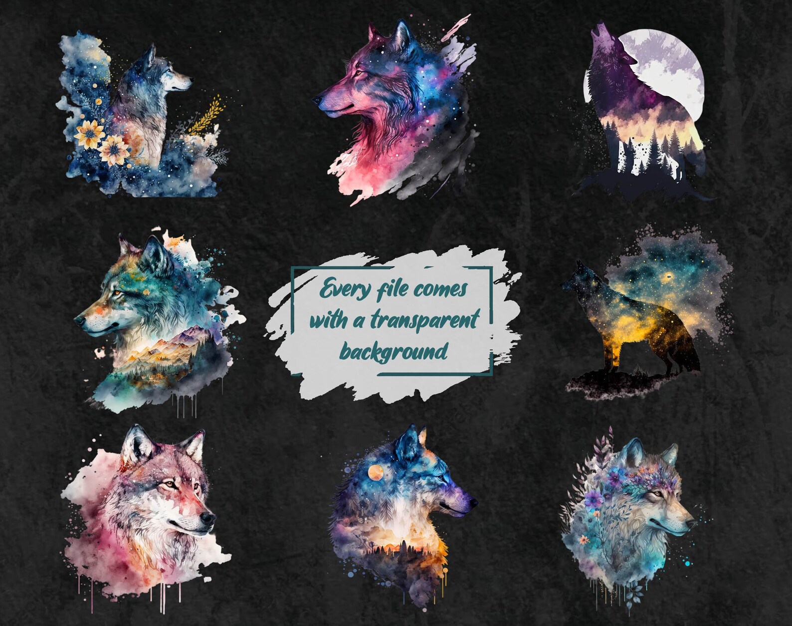 Watercolor Wolf PNG Bundle Cosmic Wolves Clipart Bundle - Etsy