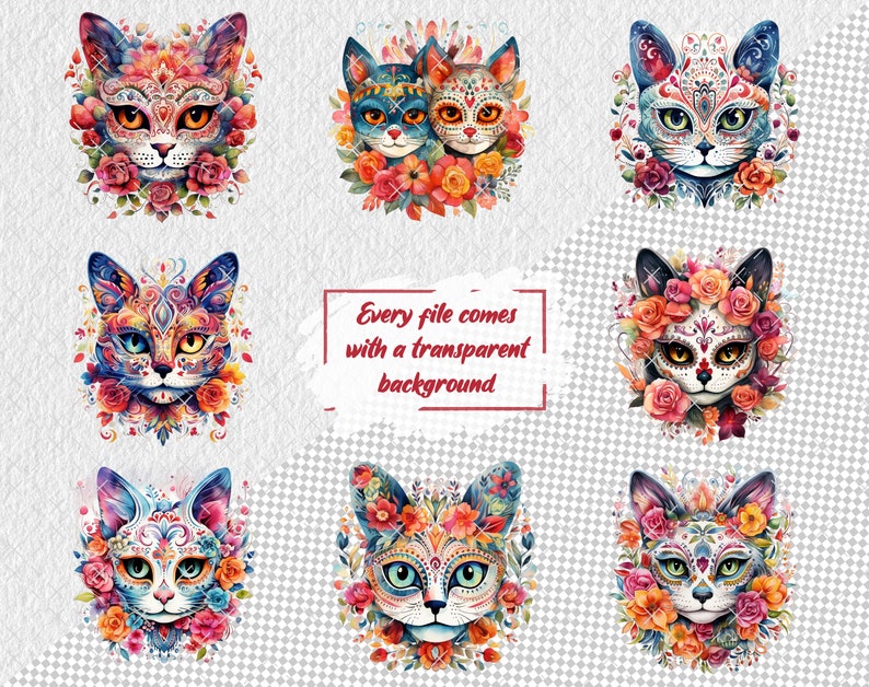 Sugar Skull Cat Clipart, Watercolor Sugar Skull PNG, Dia De Los Muertos ...