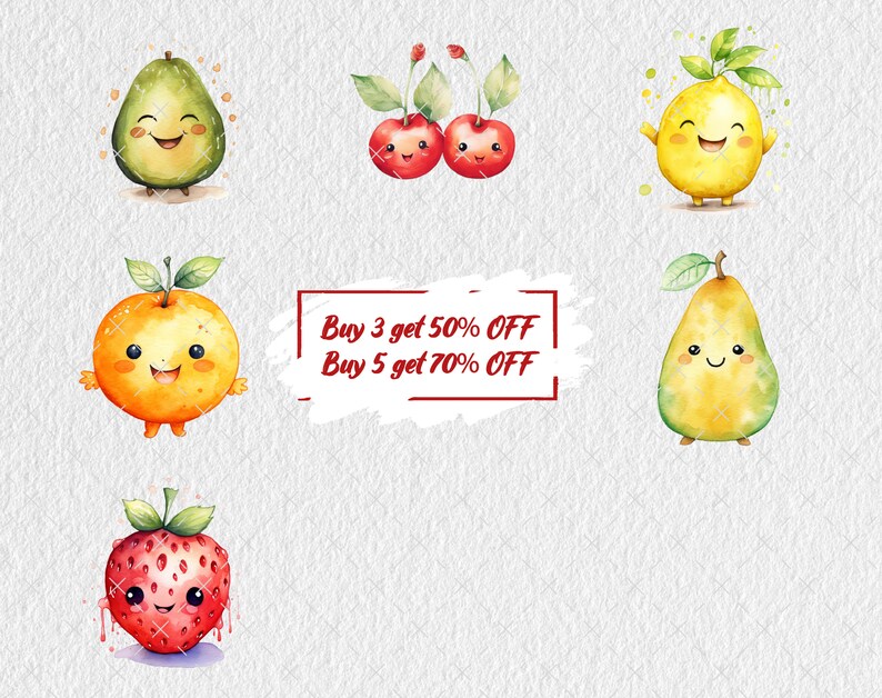 Watercolor Cute Fruits Kawaii Fruits Kawaii Clipart Watercolor Cute ...