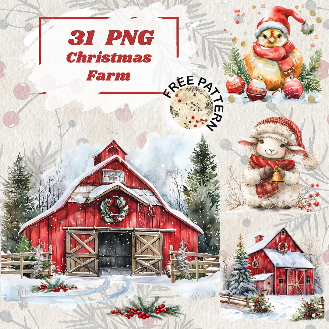 Christmas Farm Clipart PNG, Rustic Holiday Farmhouse Graphics, Vintage ...