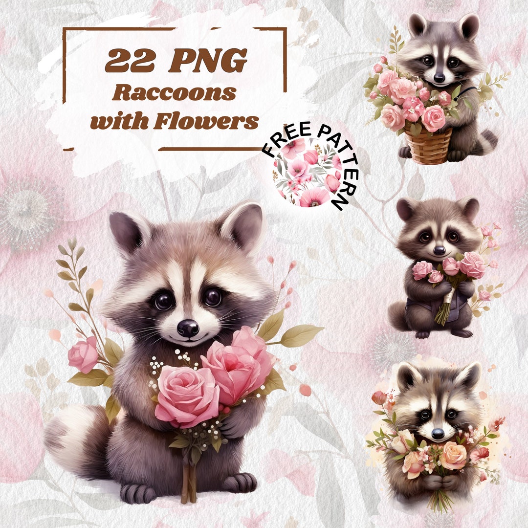 Cute Raccoon Clipart, Raccoon With Flowers, Woodland Animals Raccoon ...