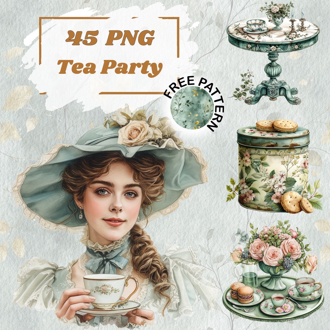 Sage Tea Party PNG, Watercolor Vintage Floral Tea Time Clipart, Pastel ...