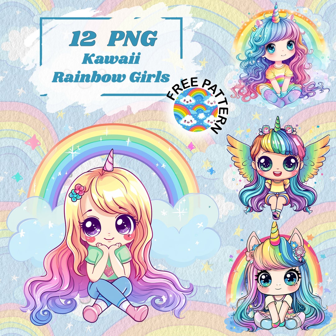 Cute Kawaii Rainbow Girls Clipart, Cute Little Girls PNG Digital ...