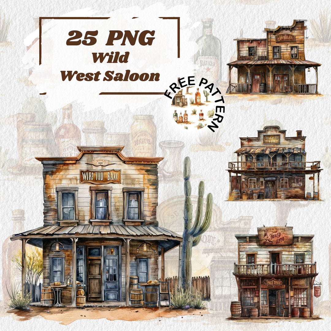 Watercolor Western Clipart - Wild West Saloon Clipart, Ranch Cowboy ...