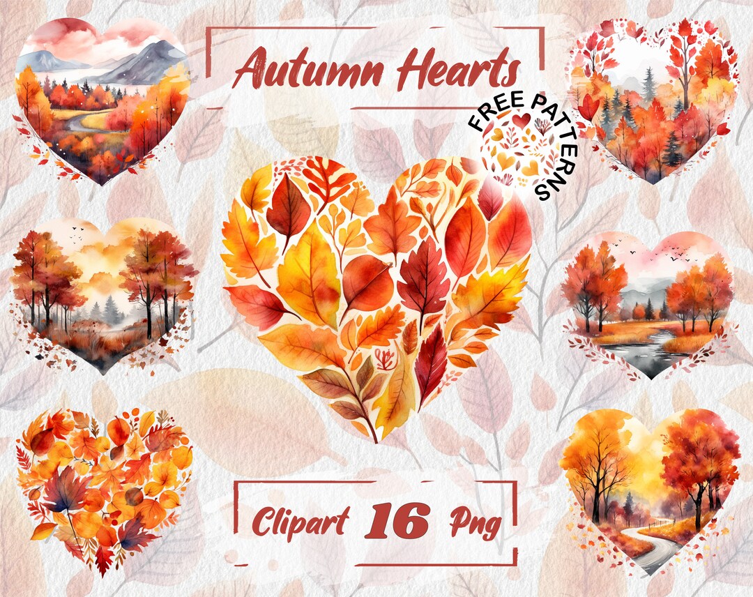 Watercolor Fall Hearts Clipart Autumn Clipart Autumn Leaves PNG Fall ...