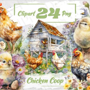 Watercolor Chicken Coop PNG Bundle Chicken Clipart Hen and Egg Clipart ...