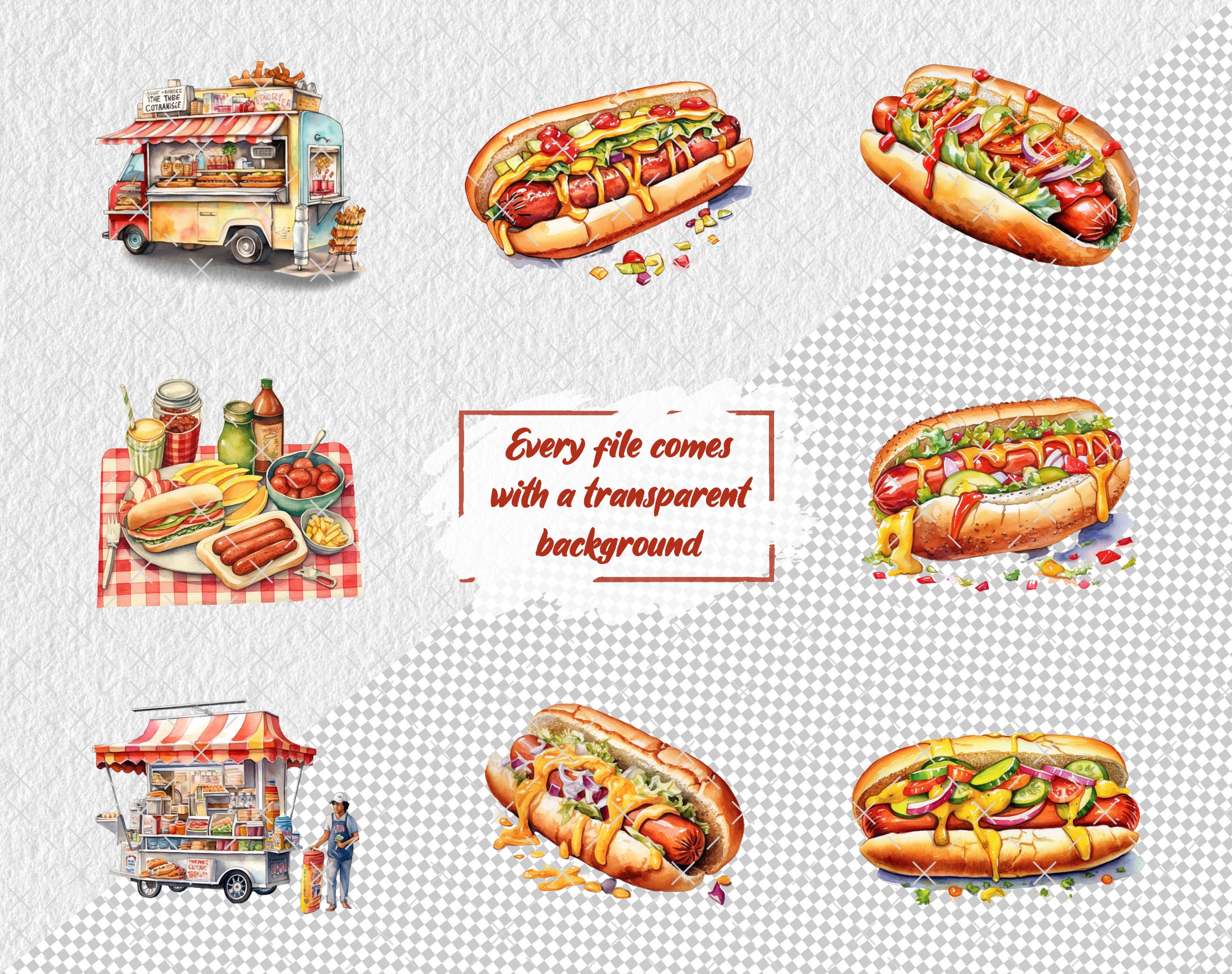 Watercolor Hot Dog Fast Food Clipart Hot Dog Clipart Hot Dog PNG Bundle ...