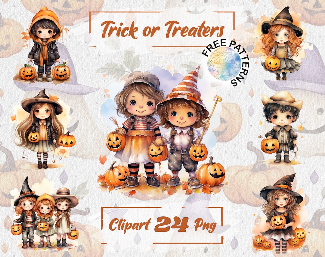 Watercolor Halloween Kids Trick or Treat PNG Cute Halloween Watercolor ...