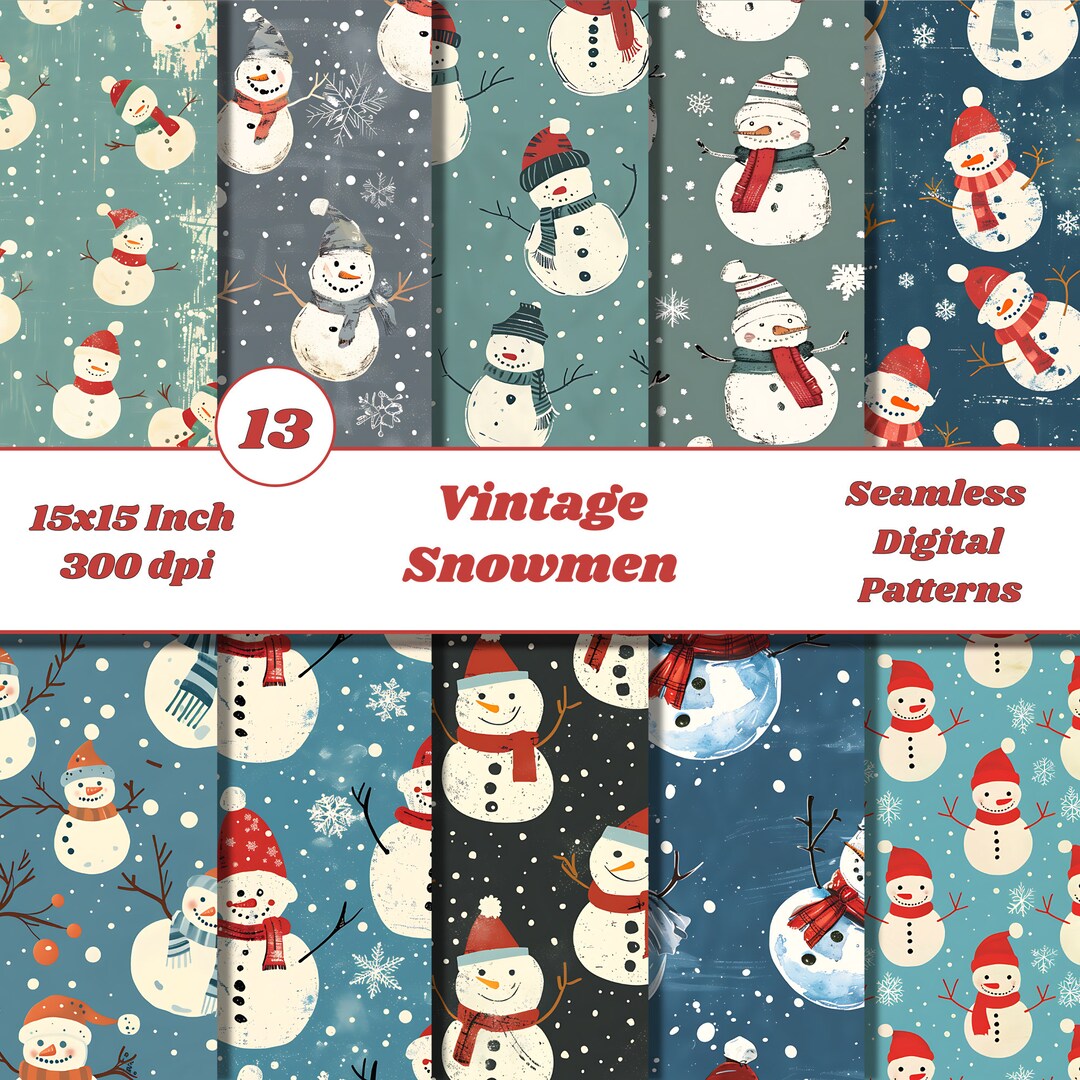 Vintage Snowmen Digital Seamless Patterns Retro Snowman Prints Festive ...