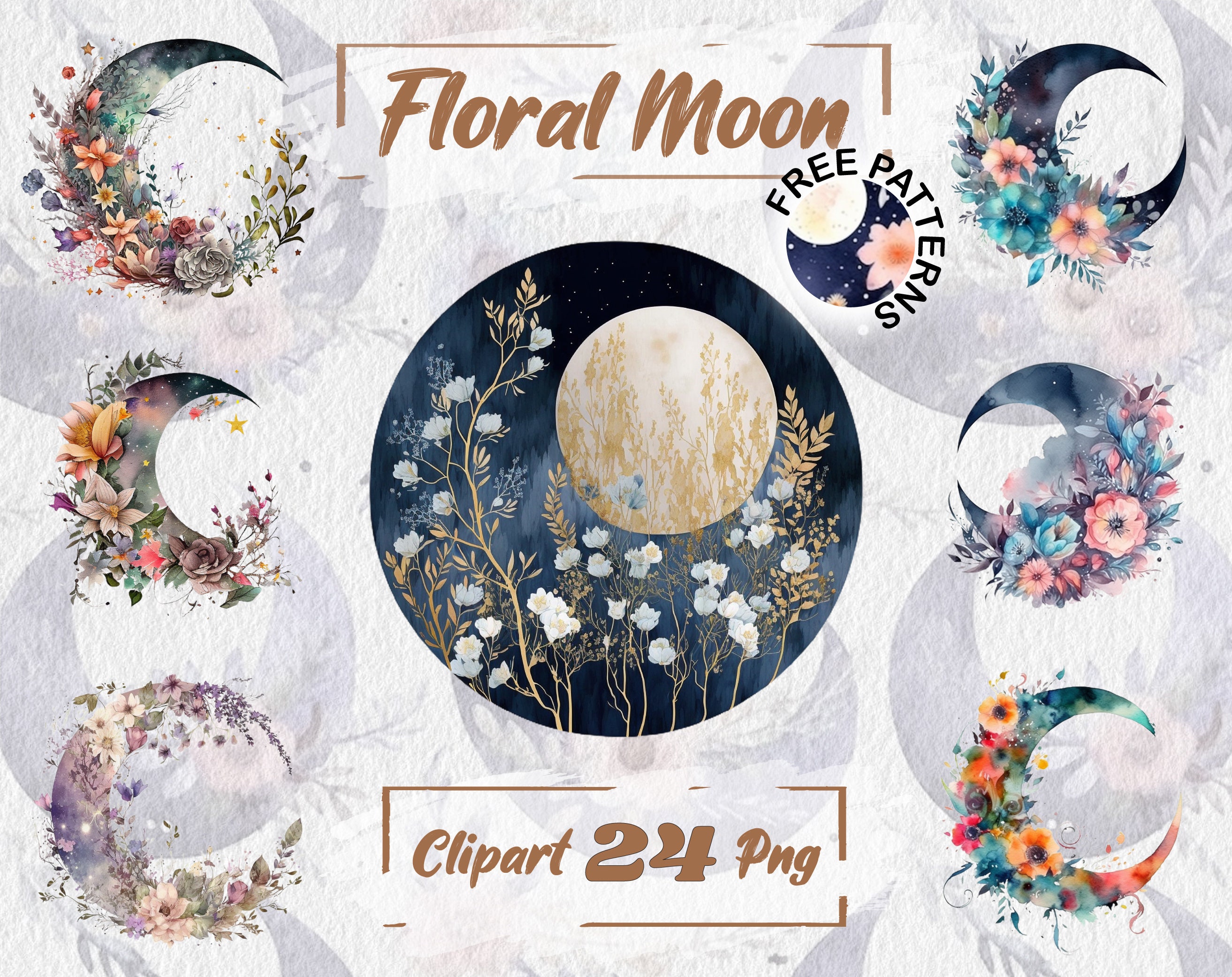 Watercolor Floral Moon Moon PNG Clipart Floral Clipart Moon Crescent ...