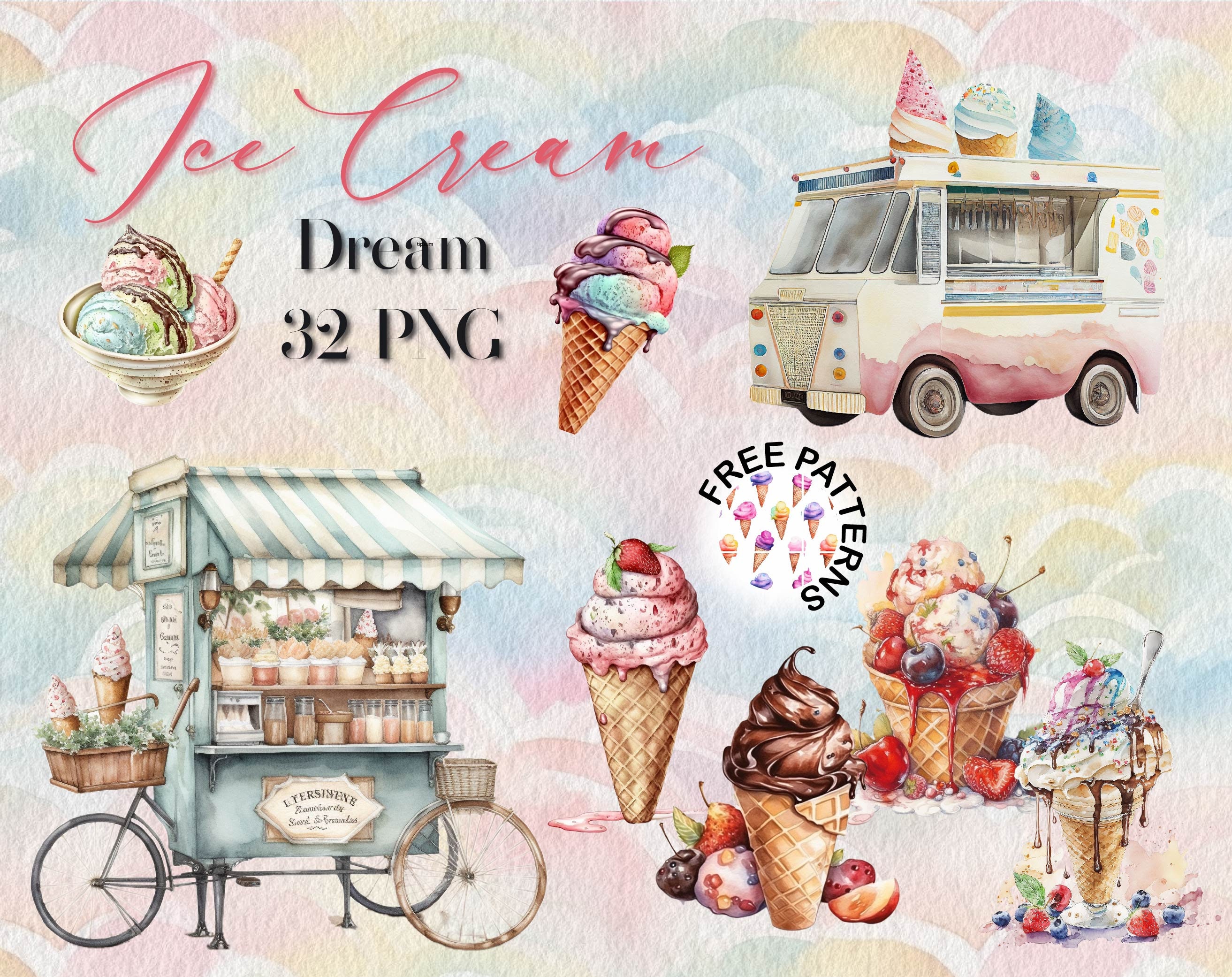 Watercolor Ice Cream Clipart Ice Cream Van Summer Clipart Bundle Ice ...