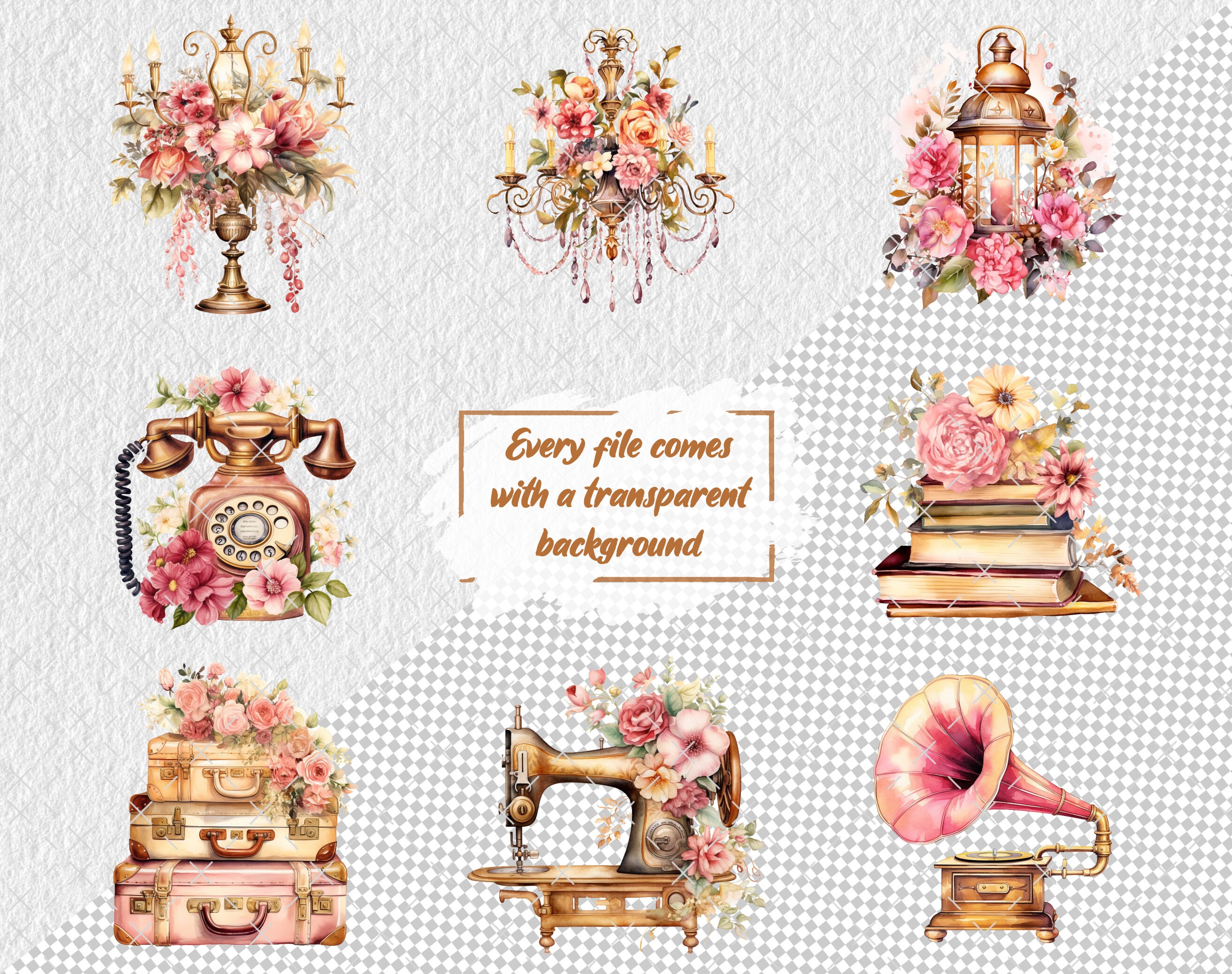 Watercolor Pink Vintage Clipart Watercolor Antique Objects Pink and ...