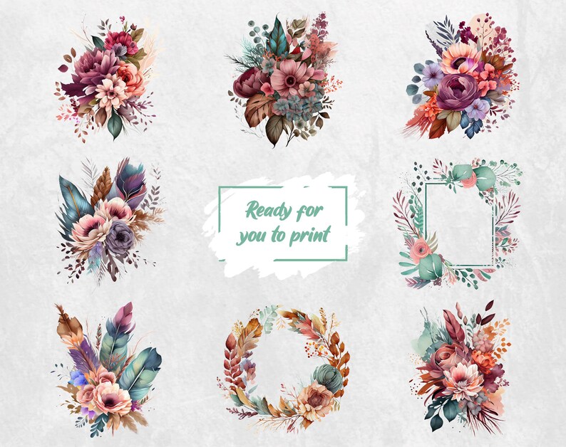 Boho Flowers PNG Watercolor Floral Clipart Bouquets Elegant Boho Flower ...