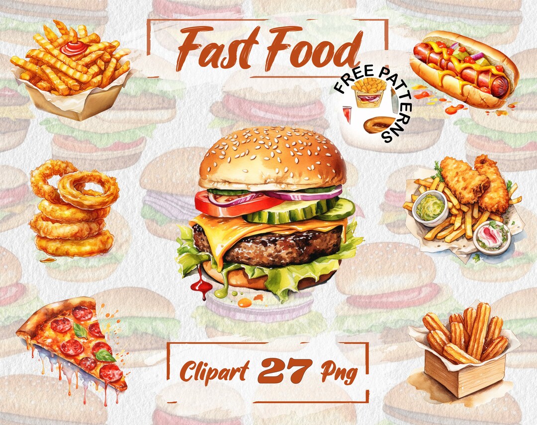 Watercolor Fast Food French Fries Clipart Hamburger PNG Bundle Fast ...