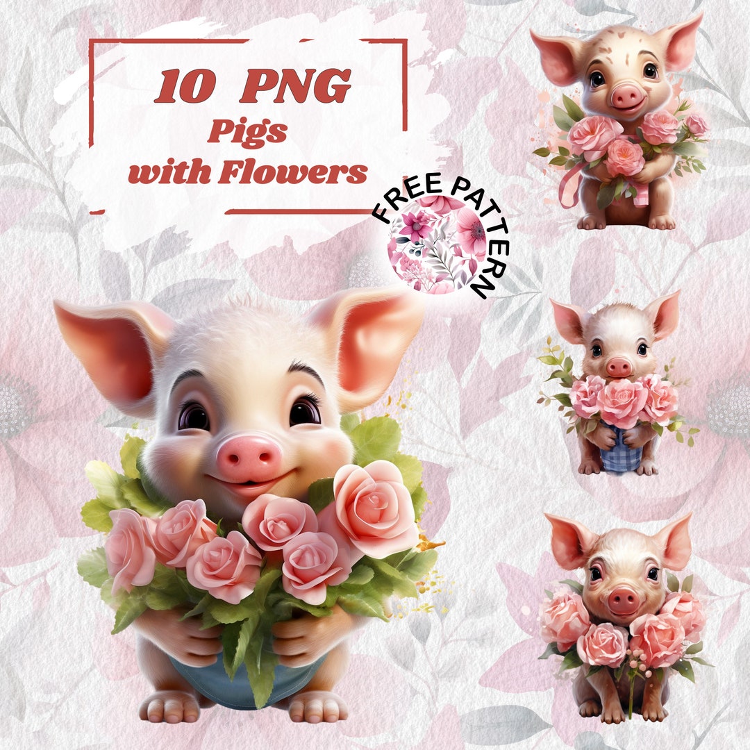 Cute Pigs Clipart, Pigs With Flowers, Pigs PNG Spring Flowers ...