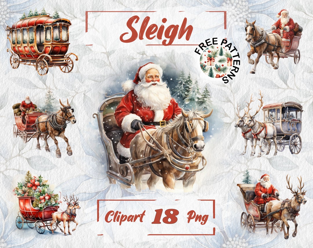 Santa Sleigh Clipart, Watercolor Santa PNG, Santa Claus, Christmas ...