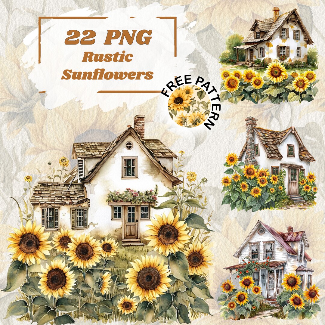 Sunflower Cottage Clipart, Sunflowers PNG, Cardmaking Scrapbooking ...