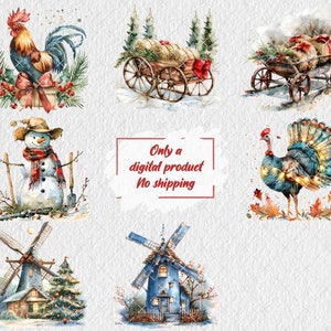 Christmas Farm Clipart PNG, Rustic Holiday Farmhouse Graphics, Vintage ...