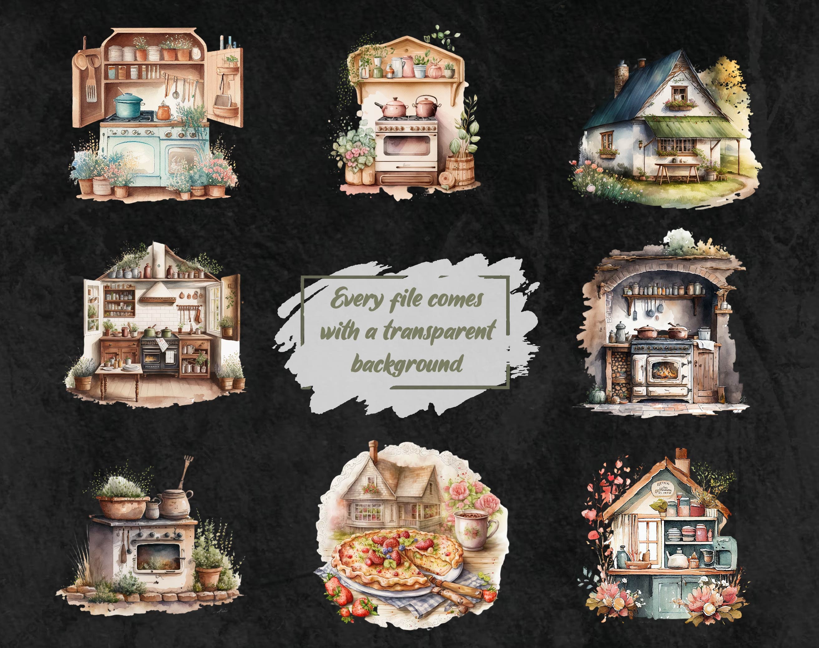 Watercolour Cottagecore Kitchen Clipart Bundle Cottage - Etsy
