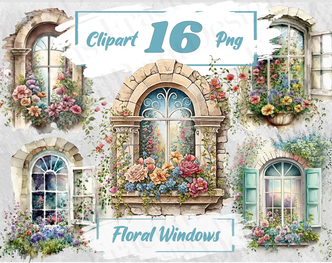 Floral Window Watercolor Clipart Window Clipart Summer Flowers Clipart ...