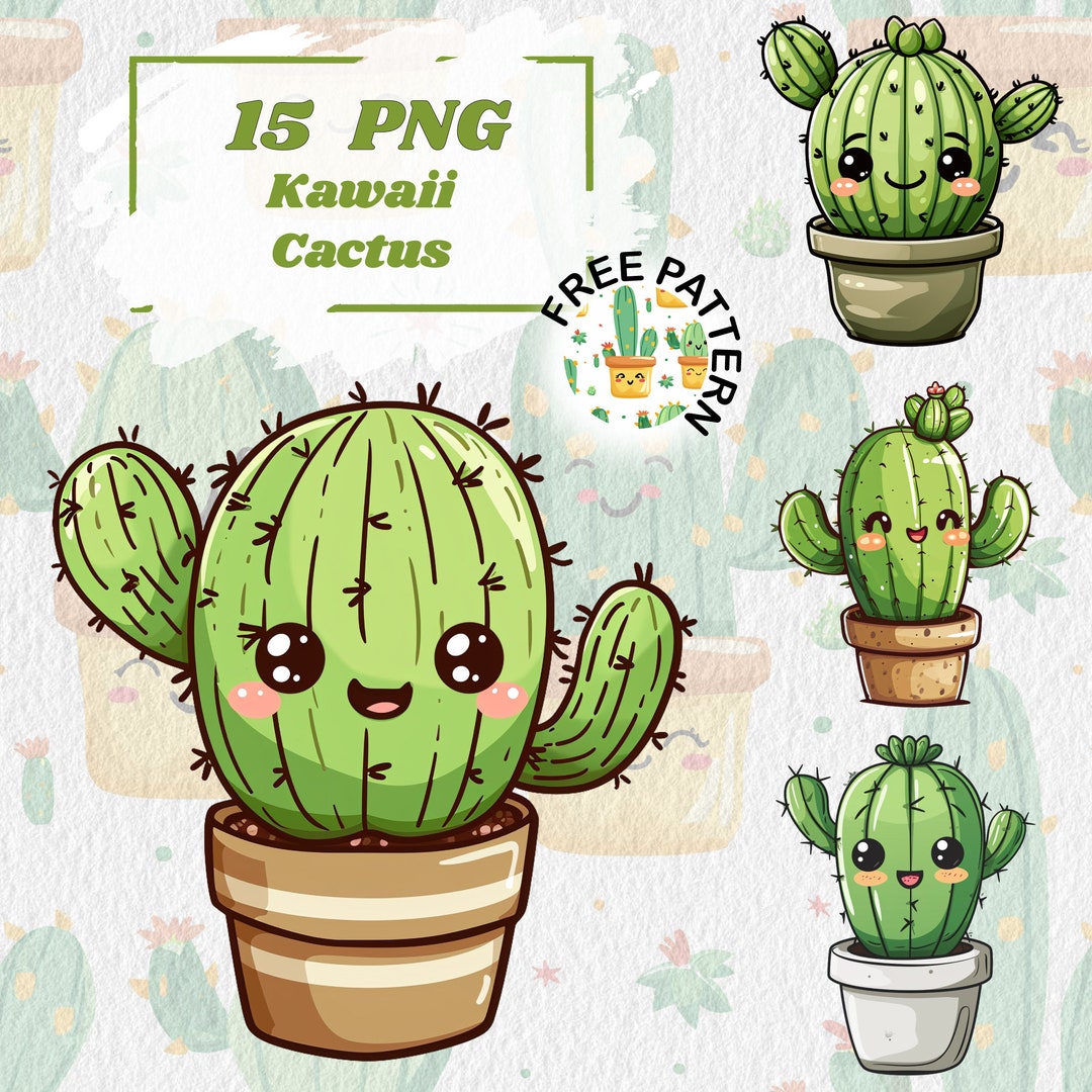 Cute Kawaii Cactus Clipart, Cute Cactus PNG Digital Download, Cactus ...