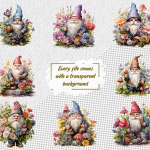 Watercolor Garden Gnomes Pngs, Garden Gnome, Floral Spring Clip Art ...